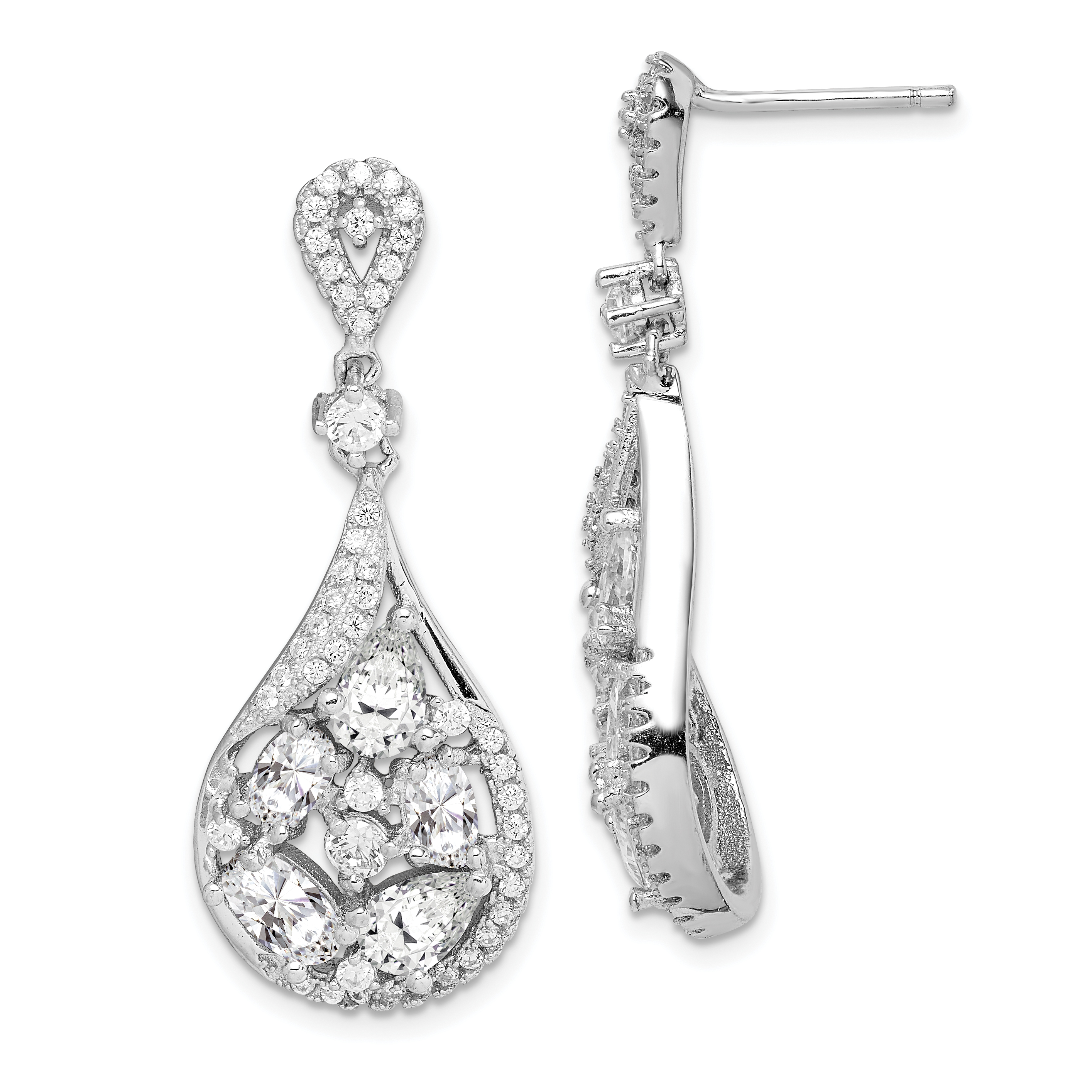 Silver RH-plated Polished Fancy CZ Teardrop Post Dangle Earrings ...