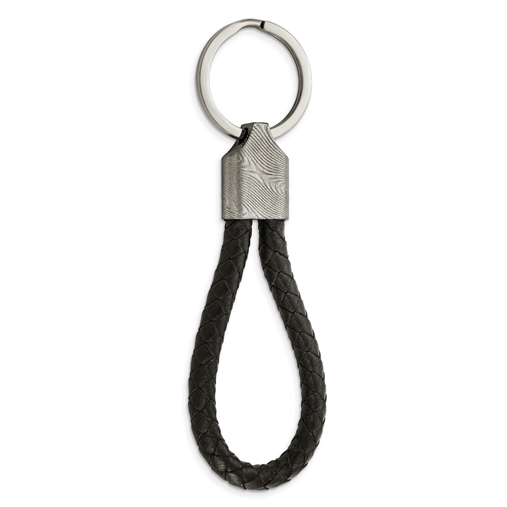 Chisel Damascus Steel Brushed and Textured Black Leather Key Ring | J.C ...