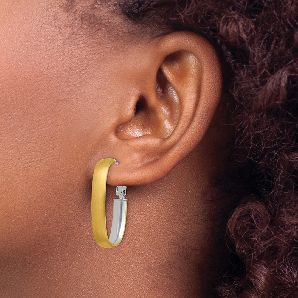 14K with White Rhodium Polished and Satin Oval Omega Back Hoop Earrings ...