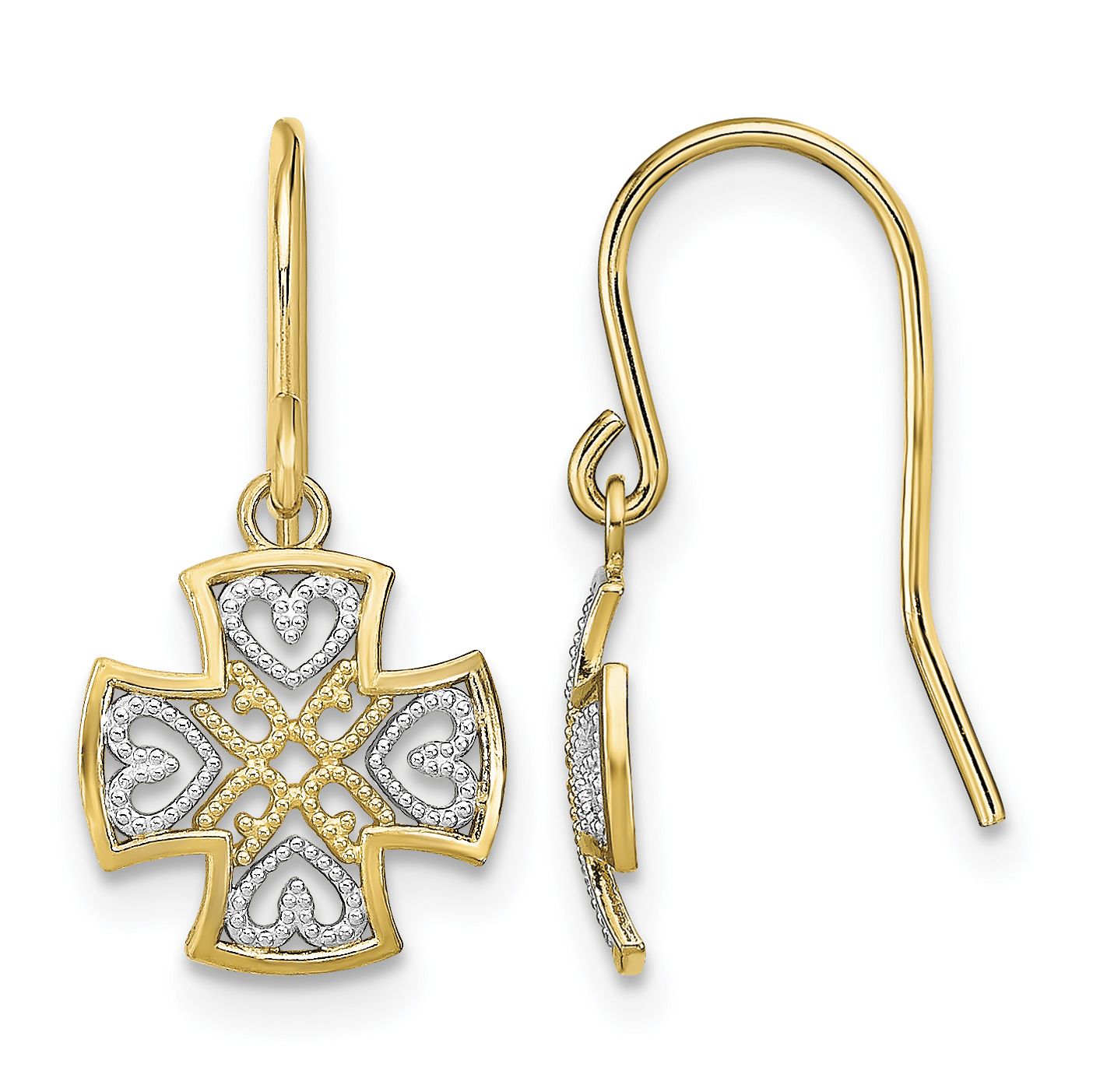 14K and White Rhodium Fancy Cross with Heart Dangle French Hook ...