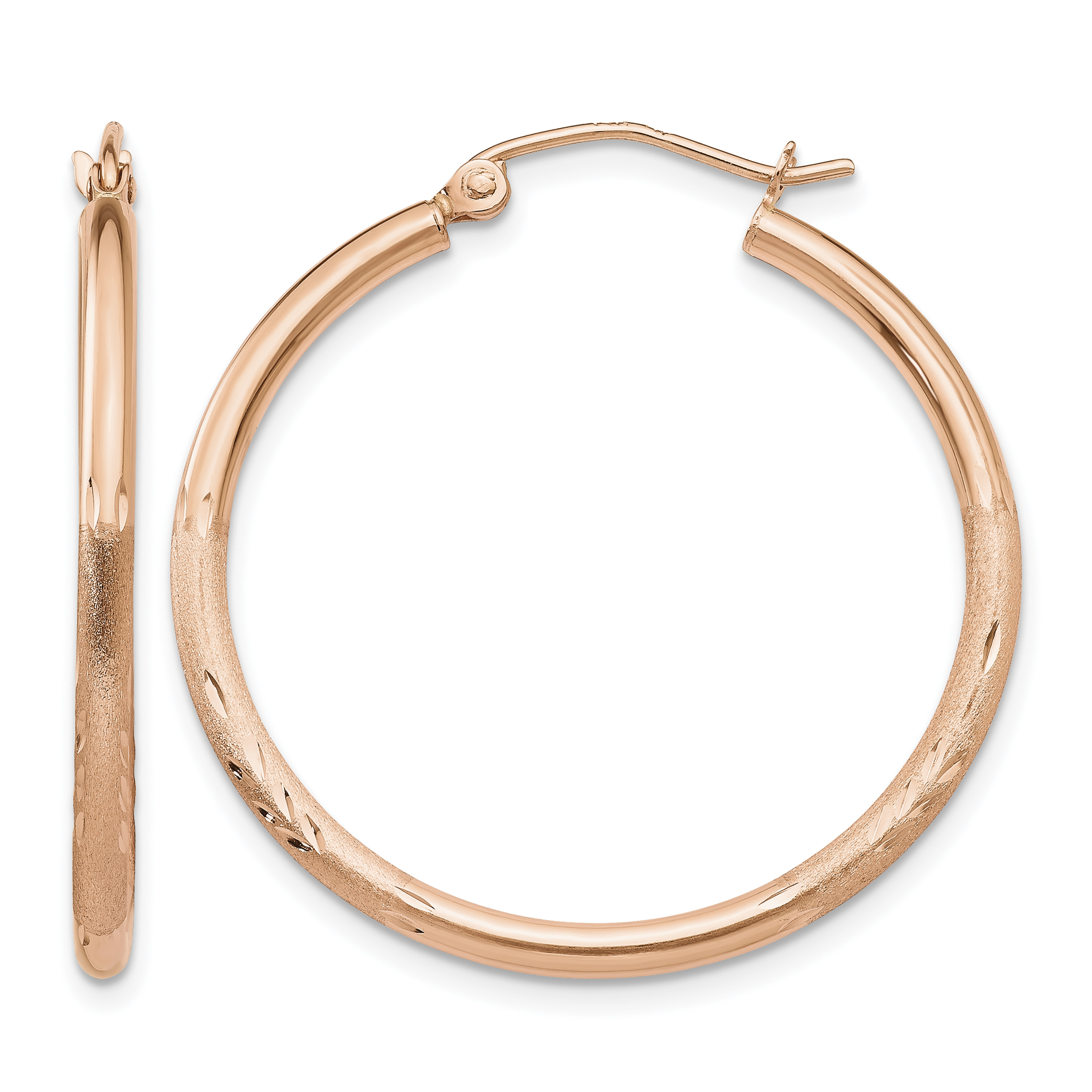 14k Rose Gold 2x30mm Lightweight Satin Diamond-cut Tube Hoop Earrings ...